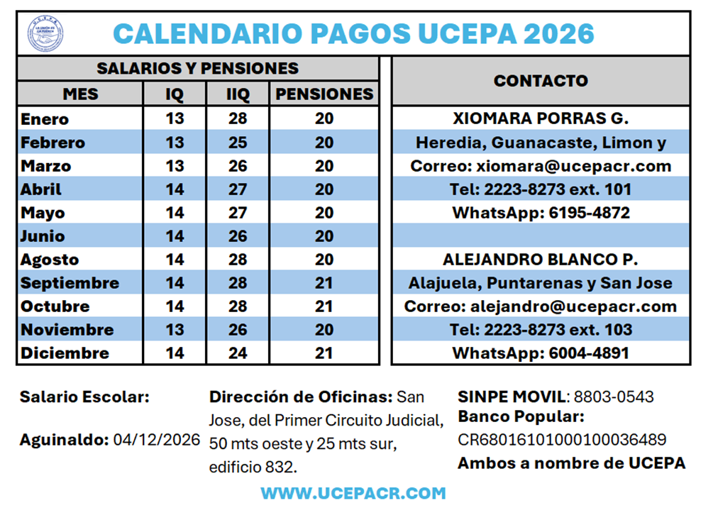 CALENDARIO DE PAGOS 2026 - UCEPA